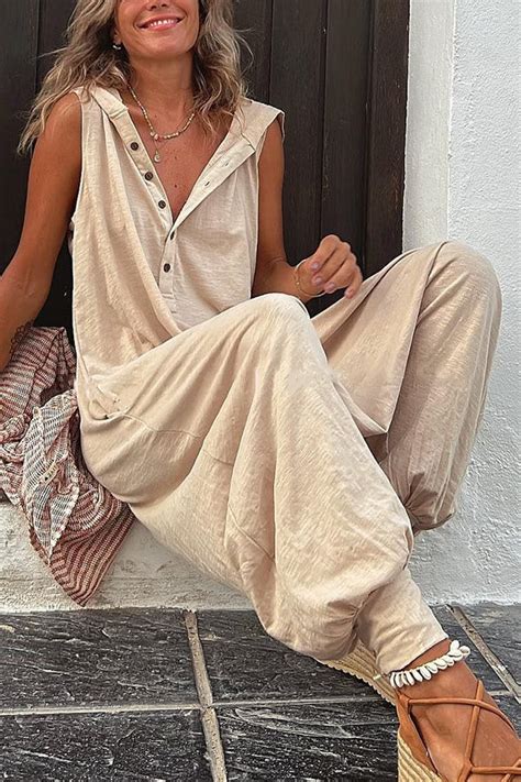 Button Hooded Sleeveless Leggings Jumpsuit连帽无袖束脚连体裤 Taobao