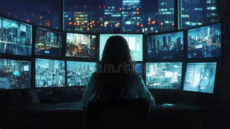 Security Operator Monitoring City Surveillance System Night Stock