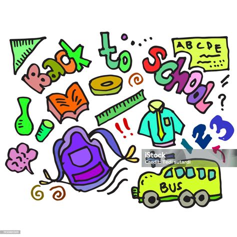흰색 배경에 눈금자 유니폼 가방 스쿨 버스 문자 123 알파벳 Abcde 및 기타 기호가 있는 학교로 돌아가는 편지와 함께 낙서 손 그리기 0명에 대한 스톡 벡터 아트 및