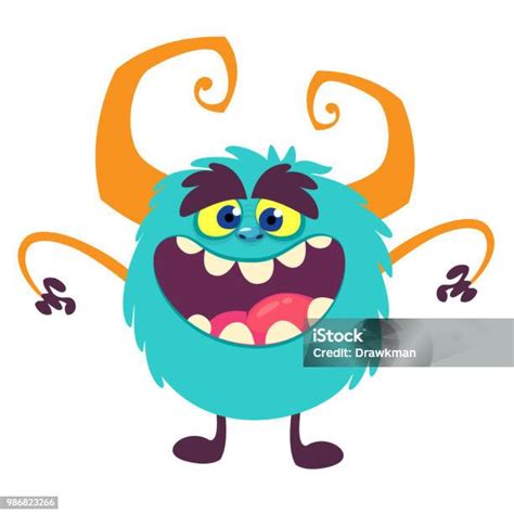 만화와 큰 입이 웃 고 행복 한 괴물입니다 블루 몬스터 캐릭터의 벡터 그림입니다 할로윈 디자인 갈고리 발톱에 대한 스톡 벡터 아트 및 기타 이미지 Istock