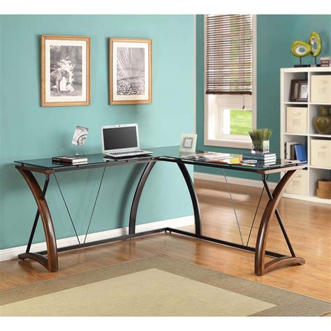 Whalen Newport Wood And Glass L Shaped Desk Black Glass Desktop