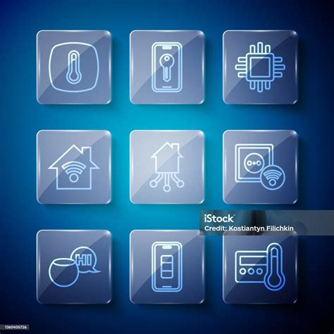 세트 라인 음성 도우미 스마트 폰 배터리 충전 온도 조절기 Cpu 홈 Wifi 및 전기 콘센트 아이콘프로세서 벡터 Brand Name Smart Phone에 대한 스톡 벡터