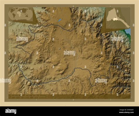 Debub Region Of Eritrea Colored Elevation Map With Lakes And Rivers Corner Auxiliary Location
