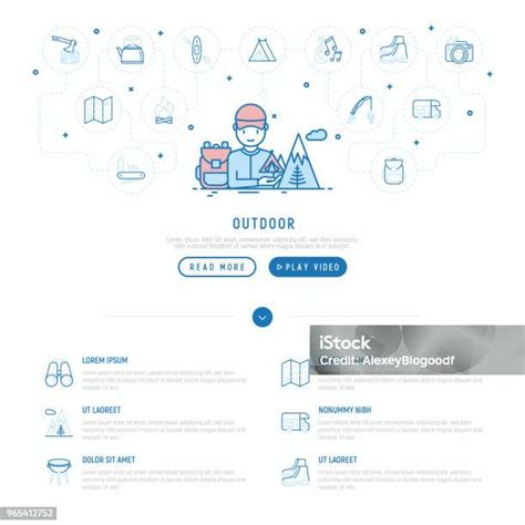 야외 개념 산에 배낭 여행자 얇은 선 아이콘 삼촌 부츠 주전자 도끼 지도 스위스 나이프 카누 카메라 낚시 대 쌍안경 벡터