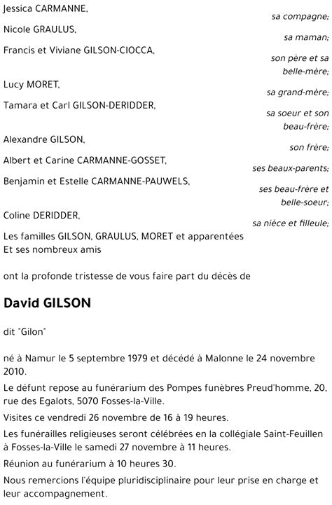 Avis De Décès De David Gilson Décédé Le 24 11 2010 à Malonne Annonce Condoléances Fleurs