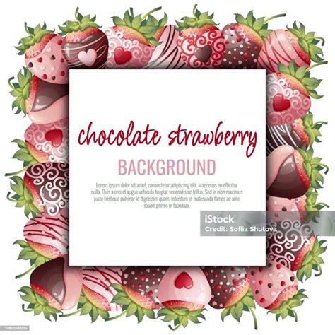 초콜릿 딸기 엽서 테두리 낭만적 인 달콤한 디저트 초콜릿 시럽에 베리 초콜릿 칩으로 장식된 딸기가 있는 배경 벡터 그림입니다 가리기에 대한 스톡 벡터 아트 및 기타 이미지