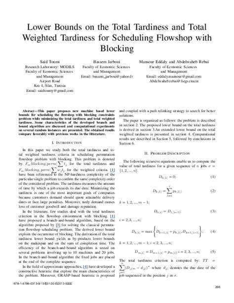 Pdf Lower Bounds On The Total Tardiness And Total Weighted Tardiness For Scheduling Flowshop