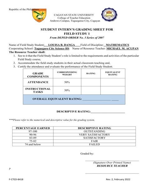 Student Intern Grading Sheet Field Study 1