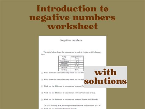 Introduction To Negative Numbers Worksheet With Solutions Teaching Resources