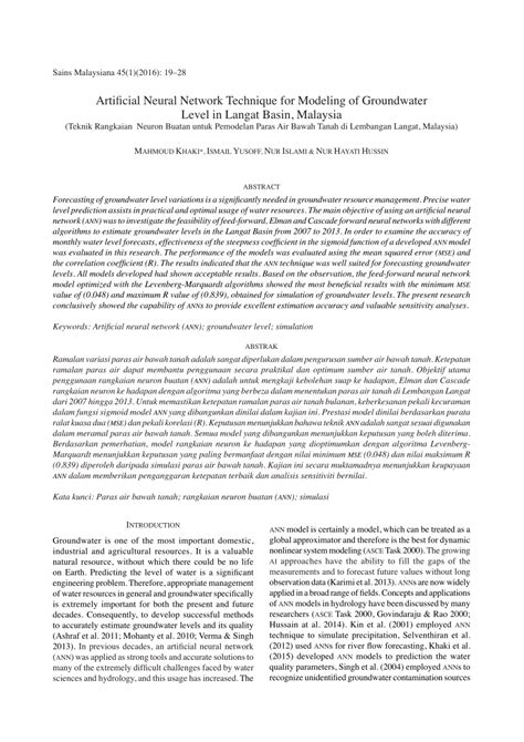 Pdf Artificial Neural Network Technique For Modeling Of Groundwater Level In Langat Basin