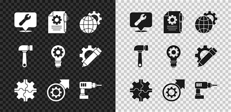렌치 스패너 문서 설정 및 펜 지구의 글로브 기어 기어 화살을 워크플로우 프로세스 전기 드릴 머신 해머 및 전구 아이콘으로