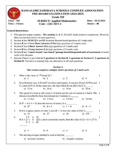 Class Xii Applied Maths Set 1 Pdf
