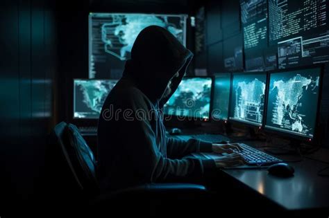 hacker dressed in a hoodie sitting in a dark room surrounded by monitors coding malicious
