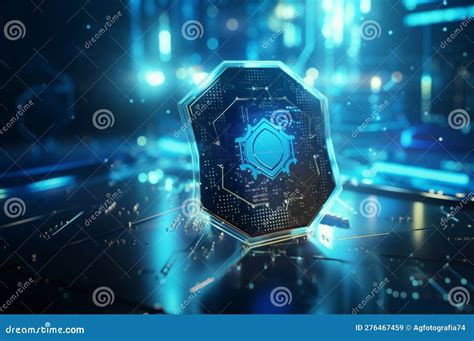 Digital Cyber Security Concept Shield On Circuit Board Background With Blue Lights Abstract