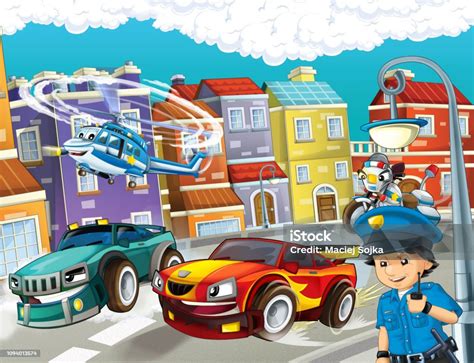 경찰 체이스 오토바이와 도시 헬리콥터 비행과 경찰관을 통해 자동차 운전과 만화 장면 Brand Name Domestic Car에