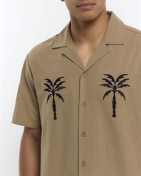 Brown Regular Fit Embroidered Palm Tree Shirt Casual Palm Tree Print