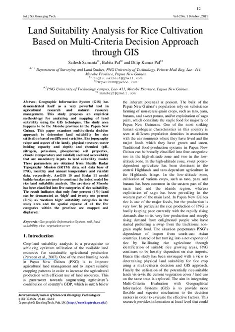 Pdf Land Suitability Analysis For Rice Cultivation Based On Multi Criteria Decision Approach