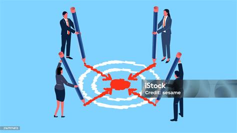 목표와 계획을 그리고 작업을 완료하기 위한 팀워크를 갖추고 공통의 목표를 설정하고 같은 거리에 있는 4명의 사업가가 연필을 들고