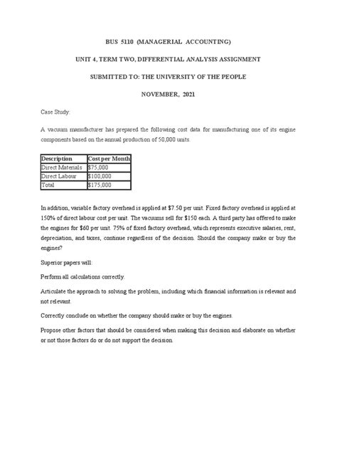 Bus 5110 Unit 4 Written Assignment Pdf Cost Management Accounting