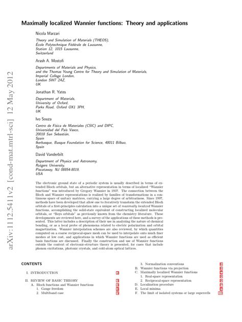 Maximally Localized Wannier Functions Theory And Applications Pdf Quantum Chemistry Phonon