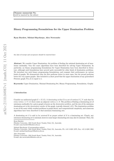 Binary Programming Formulations For The Upper Domination Problem Deepai