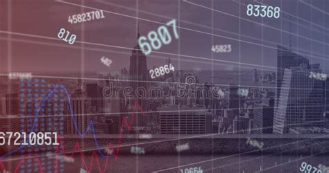 Blue And Red Graphs And Data Processing Over Modern Cityscape