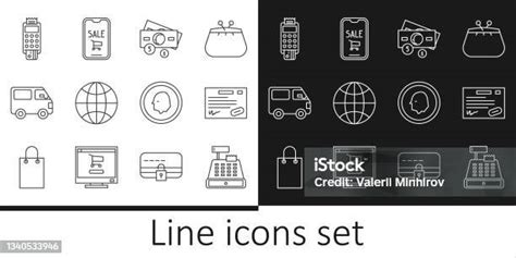 세트 라인 금전 등록기 기계 스택 종이 돈 현금 전 세계 배달화물 트럭 차량 신용 카드 동전및 휴대 전화 및 장바구니 아이콘pos 터미널 벡터 검은색에 대한 스톡 벡터 아트