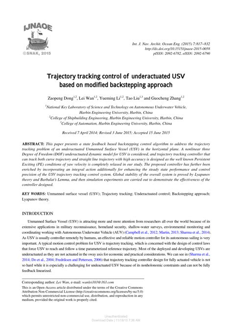 Pdf Trajectory Tracking Control Of Underactuated Usv Based On
