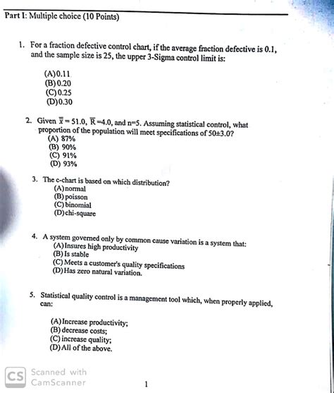 Part I Multiple Choice 10 Points 1 For A Fraction Defective Control Chart If The Average