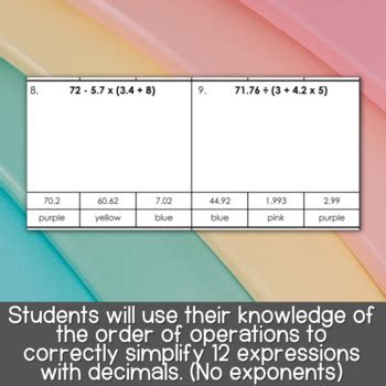 Order Of Operations WITH DECIMALS Printable NO PREP Color By Number