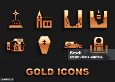 십자가 무덤 무덤 묘비 영구차 자동차 사망 증명서 손 묘지 파낸 구멍 및 교회 건물 아이콘으로 관을 설정하십시오 벡터 가루로 빻은에 대한 스톡 벡터 아트 및 기타 이미지