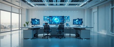 Futuristic Office Interior Blue Data Visualizations On Multiple Computer Screens Stock