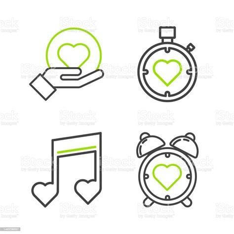 중앙 알람 시계 음악 노트 하트 톤 스톱워치 및 손 아이콘에 하트 라인을 설정합니다 벡터 개념에 대한 스톡 벡터 아트 및 기타