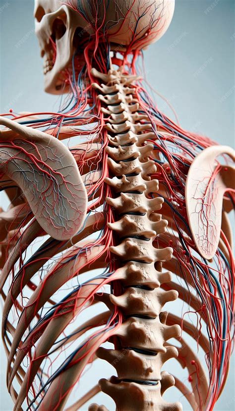 The Back Of A Skeleton With The Spine Labeled With The Red And Blue