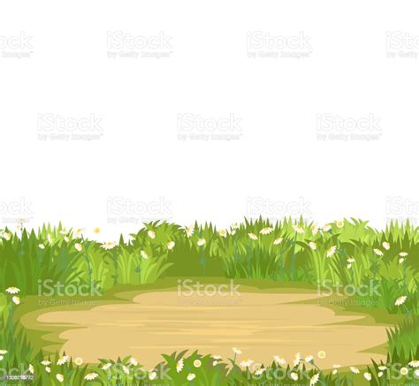 글레이드 야생화가 있는 초원에 놓습니다 잔디 클로즈업 아름다운 녹색 시골 풍경 격리 만화 스타일 플랫 디자인 시골 전망 꽃 벡터 그림입니다 예술 0명에 대한 스톡 벡터 아트