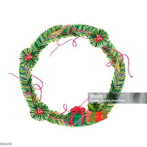 전나무 가지와 선물 수채화 크리스마스 프레임입니다 흰색 배경에 고립 된 꽃 엽서 인사말 그림입니다 0명에 대한 스톡 벡터 아트 및 기타 이미지 Istock