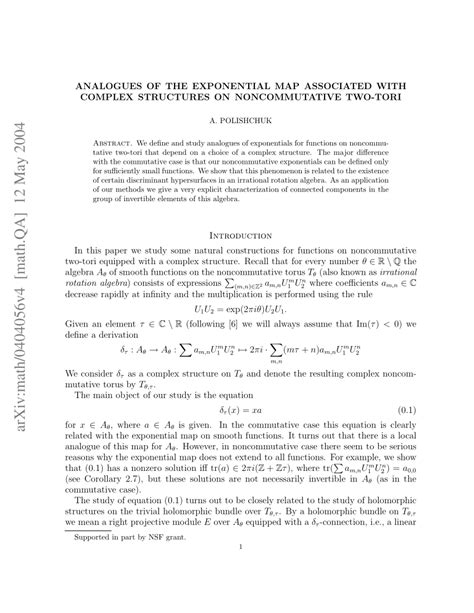 Pdf Analogues Of The Exponential Map Associated With Complex Structures On Noncommutative Two Tori