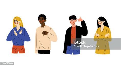 젊은 이들이 몸짓 남자와 여자 다양한 부정적인 제스처 벡터 일러스트 남성에 대한 스톡 벡터 아트 및 기타 이미지 남성 남자 몸짓 Istock