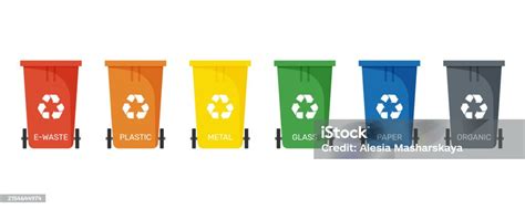 다양한 폐기물에 대한 재활용 기호가 있는 쓰레기통 여러 가지 빛깔의 쓰레기통 벡터 일러스트 레이 션의 세트 가방에 대한 스톡 벡터 아트 및 기타 이미지 Istock