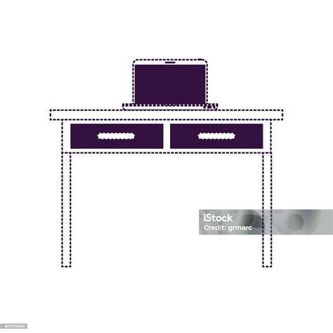 책상 서랍 및 노트북 컴퓨터 위의 테이블 앞에 보라색 점선된 실루엣에 볼 경관에 대한 스톡 벡터 아트 및 기타 이미지 경관 교육 노트북 Istock