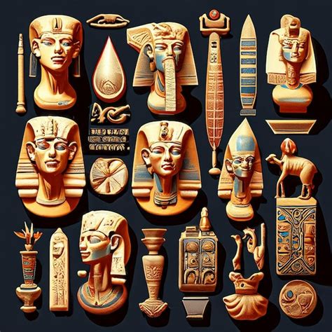 고대 이집트 파라오 동상과 유물 프리미엄 사진