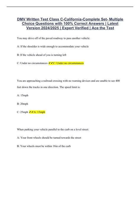 Dmv Written Test Class C California Complete Set Multiple Choice