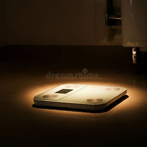 A Digital Bathroom Scale Illuminated Under A Spotlight Placed On A Tiled Floor The Stock