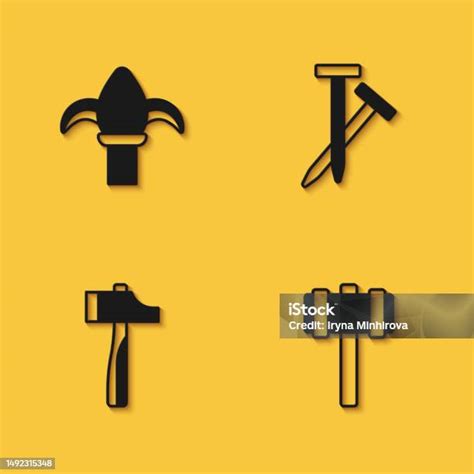 클래식 철제 울타리 슬레지 해머 해머 및 메탈릭 손톱 아이콘을 긴 그림자로 설정합니다 벡터 강철에 대한 스톡 벡터 아트 및 기타 이미지 Istock