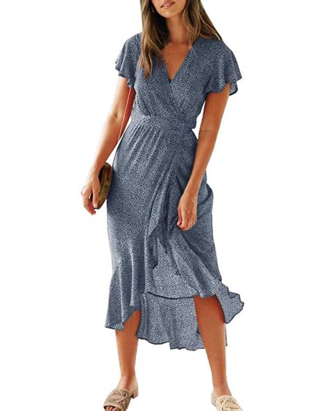 Chuanqi Womens V Neck Polka Dot Short Sleeve Boho Wrap Dress Summer