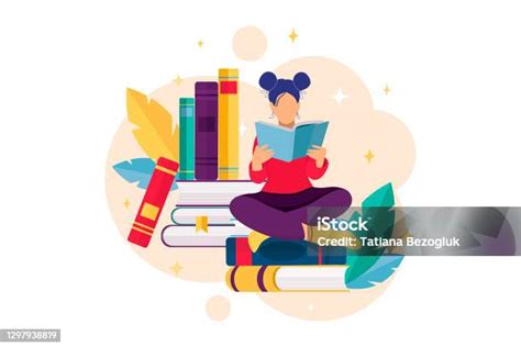 책 스택과 독서 소녀 꽃 요소와 플랫 디자인 일러스트 책 읽기 개념 라이브러리 개념입니다 교육 개념 해피 북데이 벡터 일러스트레이션 서점에 대한 스톡 벡터 아트 및 기타