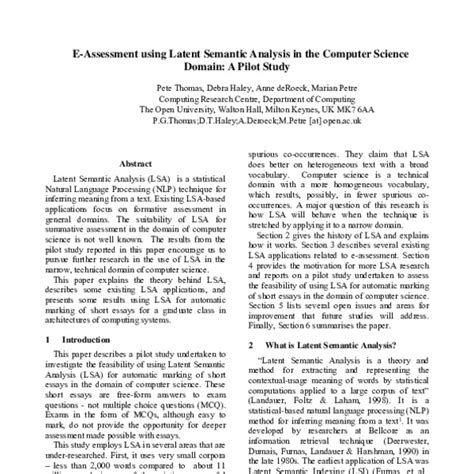 E Assessment Using Latent Semantic Analysis In The Computer Science