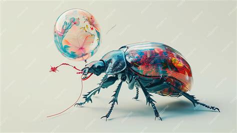 Premium Photo A Large Black Beetle Holds A Colorful Floral Balloon