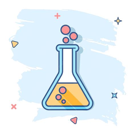 만화 스타일의 터 만화 화학 테스트 튜브 아이콘 실험실 유리 용품 표시 일러스트레이션 픽토그램 병 비즈니스 스플래시 효과 개념 프리미엄 벡터