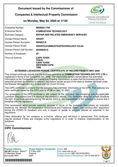 Updated Cipc Certificate 04 May Combustion Technology
